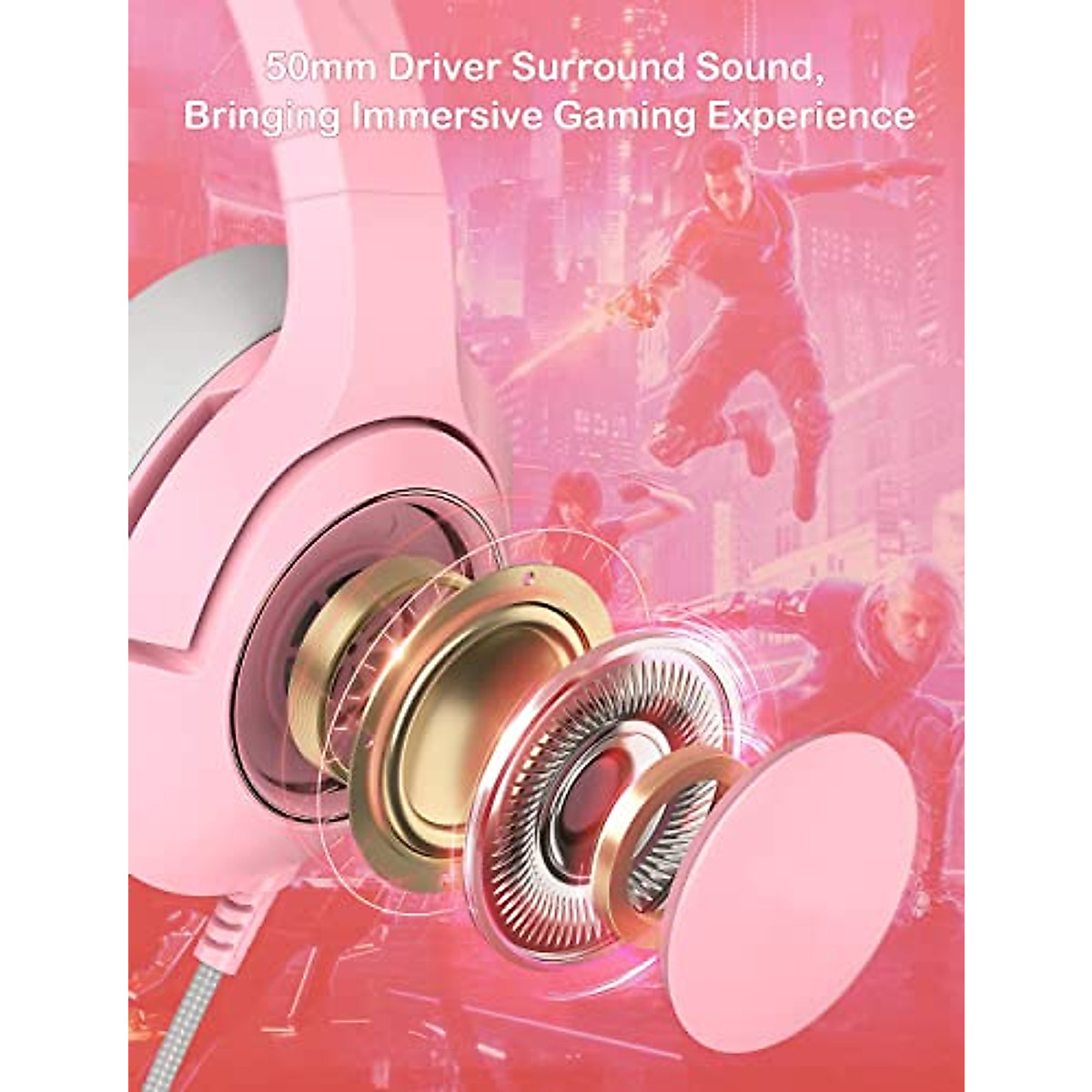 PHNIXGAM Pink Girl Gaming Headset for PS4, PS5, Xbox One(No Adapter), Wired Over-Ear Headphones with Detachable Cat Ears, Noise Cancelling Microphone, RGB Backlight, Surround Sound for PC