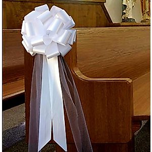 Large White Wedding Pull Bows with Long Tulle Tails - 9" Wide, Set of 6, Wedding Pew Bows, Mother's Day, Valentine's Day, Aisle Decor, Reception, Large Christmas Bow, Wreath, Anniversary