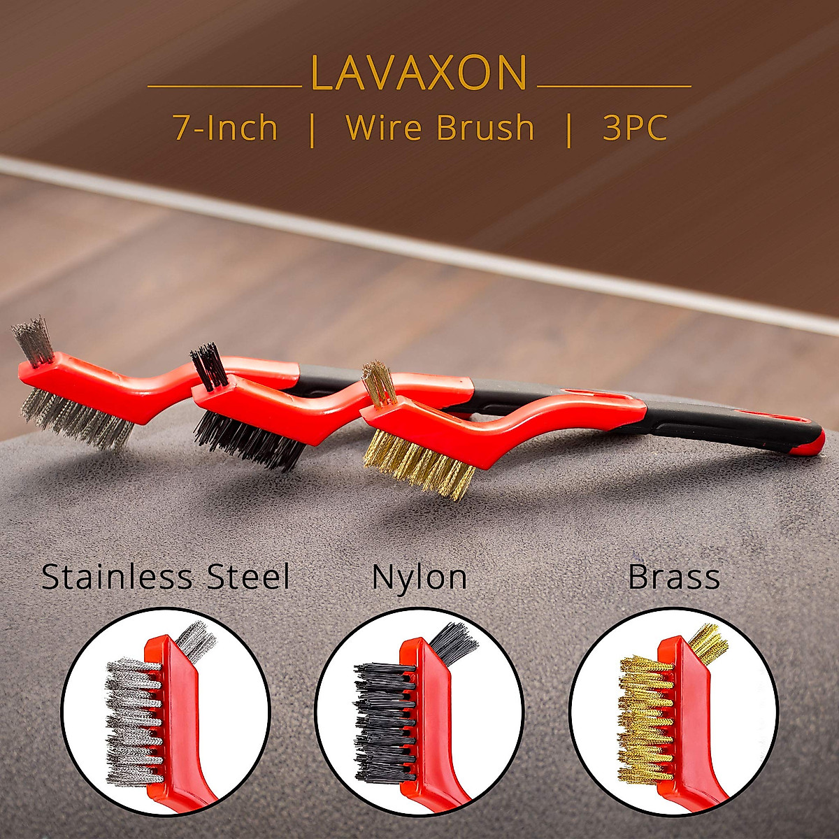 Lavaxon Wire Brush Set 3Pcs - Nylon/Brass/Stainless Steel Bristles with Curved Handle Grip for Rust, Dirt & Paint Scrubbing with Deep Cleaning – 7 Inches (Red)