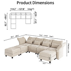 LLappuil 7 Seater Sectional Sofa Couch U Shaped Chenille Modular Sofa for Living Room with Ottoman, Adjustable Armrest/Backrest, 114.2" Width, Khaki