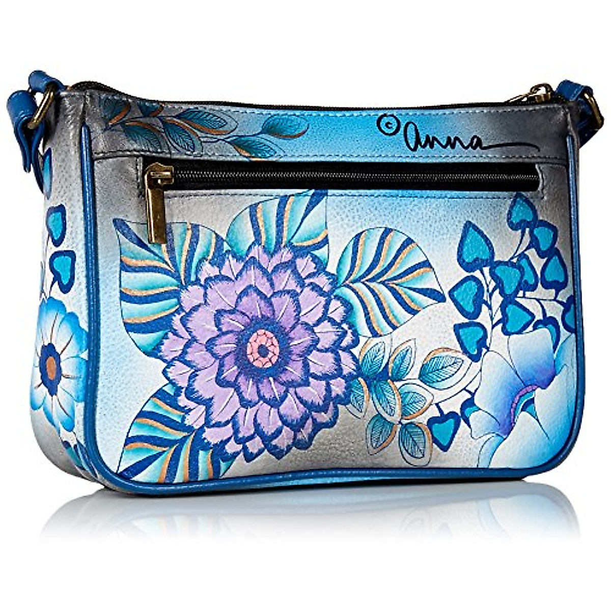Anna by Anuschka Hand Painted Leather Women's Mini Wide Crossbody, Summer Bloom Blue
