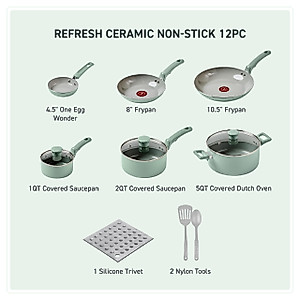 T-fal Refresh Ceramic, Ceramic Non Stick Cookware Set 12 Piece, Oven Broiler Safe 350F, Cookware, Kitchen Cooking Set w/Fry Pans, Saucepans & Kitchen Utensils, Pots and Pans Set Non Stick, Mint Green