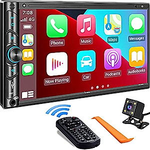 Double Din Car Stereo Compatible with Voice Control Apple Carplay - 7 Inch HD LCD Touchscreen Monitor, Bluetooth, Subwoofer, USB/SD Port, A/V Input, AM/FM Car Radio Receiver, Backup Camera