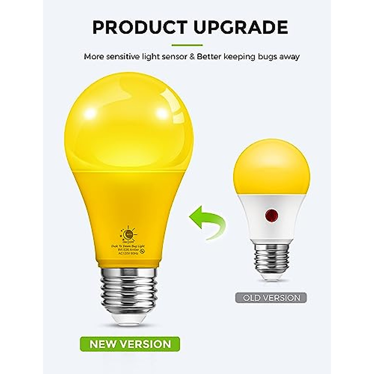 LOHAS Yellow LED Bug Light Bulbs Outdoor, A19 9W Auto On/Off Bug Lights for Outside, 2000K Amber Porch Light Bulb 60W Equi, Non-Attracting, E26 Base, Not-Dimmable, Ideal for Patio, Backyard, 2 Pack