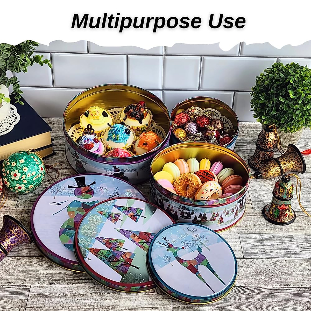hadaaya Pack of 3 Round Tin Containers With Lids, Snowfall Themed Festive Cookie Tins For Cookies, Candies, Popcorn and many more | Tins For Gift Giving