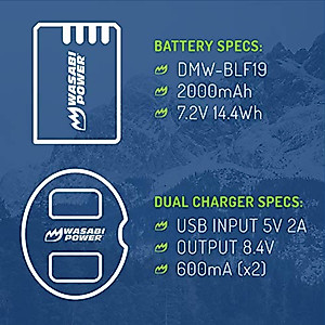 Wasabi Power Battery (2-Pack) and Dual USB Charger for Panasonic DMW-BLF19 and Panasonic Lumix DMC-GH3, DMC-GH4, DC-GH5, DC-GH5S, DC-G9