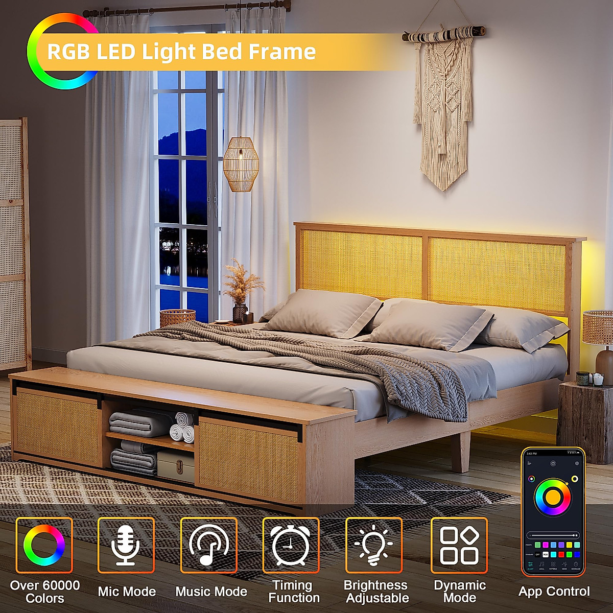 GarveeHome Natural Rattan Queen Size Bed Frame with Sliding Barn Door Storage Cabinets and LED Light Headboard, Boho Farmhouse Wood Platform Bed with Solid Wood Legs Support, No Box Spring Needed