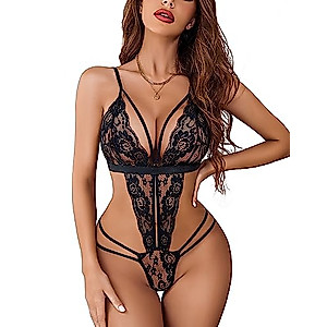 Avidlove teddy lingerie for women One Piece Lingerie Deep V Lace Bodysuit Babydoll Teddy Underwear Black S