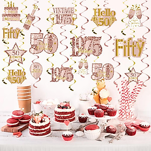 Turypaty Pink Gold 50th Birthday Decorations Hanging Swirls for Women, Rose Gold Happy 50th Birthday Vintage 1975 Foil Swirls Party Supplies, Fifty Year Old Birthday Ceiling Decor