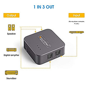 ELUTENG 1X3 Toslink SPDIF Digital Optical Audio Splitter, 3-Way Signal Amplifier with Optical Audio Cable Support LPCM2.0/DTS/Dolby Digital for TV,Home Theater,Sound bar, PS4,Blu-ray,Xbox