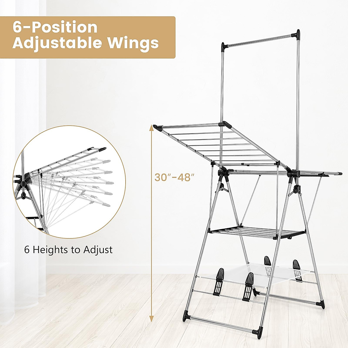 Tangkula 2-Layer Stainless Steel Drying Rack, Foldable Laundry Drying Rack w/ 1 Hanging Bar & 2 Height-Adjustable Wings, 23 Drying Rails, Netting Drying Rack, No Assembly Required