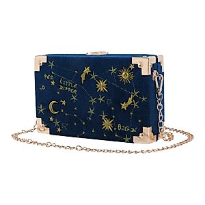 Oweisong Women Velvet Box Shape Evening Handbag Party Embroidery Star Moon Clutch Bag Elegant Crossbody Shoulder Purse