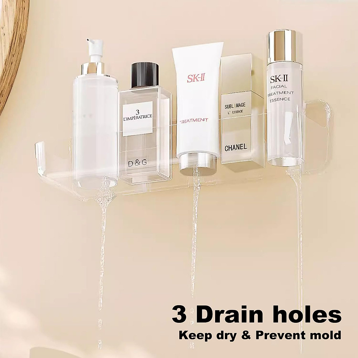 COLINCH Acrylic Adhesive Wall Mounted Shower Caddy, Large Capacity Bathroom Shelf with Drain Holes, No Need Drilling for Bathroom, Shower room, Kitchen, Laundry.