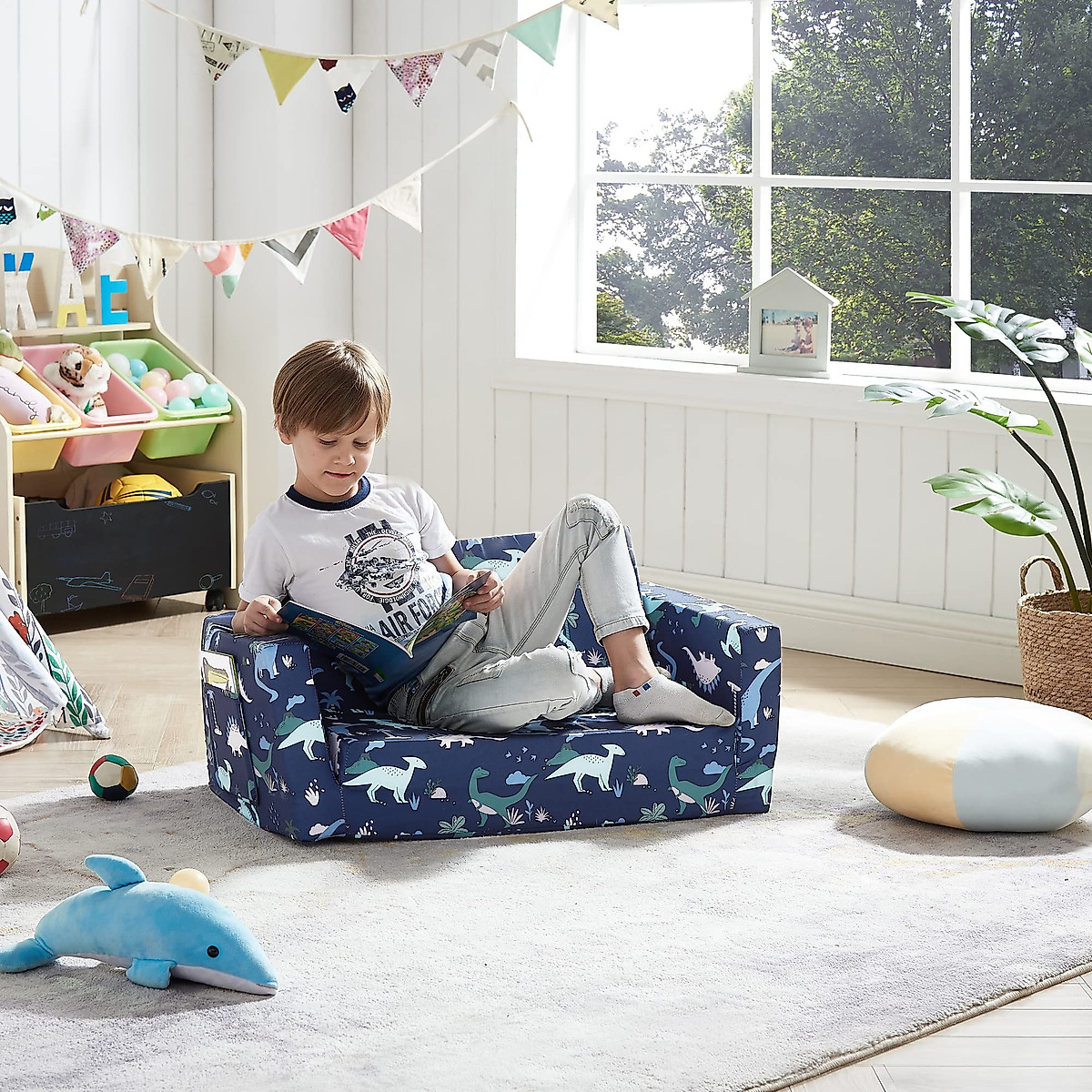 Ulax furniture Kids Fold Out Couch 2-in-1 Children Convertible Sofa to Lounger with Soft Plush Fabric(Navy Dinosaur)