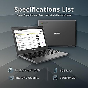 ASUS Chromebook YZ182 Rugged Student Laptop, 11.6" HD Anti-Glare Display, Intel Celeron N5100, 8GB LPDDR4X RAM, 32GB eMMC, Webcam, WiFi 6, Bluetooth, Chrome OS, Dark Gray