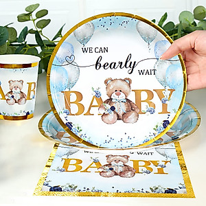 Teddy Bear Baby Shower Plates Napkins Tableware - We Can Bearly Wait Party Decorations Blue Teddy Bear Disposable Paper Plates Napkins Cups for Boy Girl Baby Shower Birthday Party Supplies