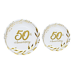 MaitianGuyou 50th Anniversary Decorations Tableware Set,Wedding Party Supplies Golden Paper Plates Cups Napkins Fifty Anniversary Party Decorations 50th Brithday Party Decorations-Serves 16