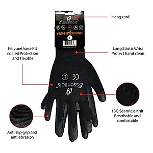 I9 Essentials Multi-Purpose Black Work Gloves Large (12 Pairs) - PU Coated Safety Gloves for Men - Seamless Lightweight Safety Gloves for Woodworking, Gardening, Construction Work Gloves for Men Pairs