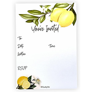25 Lemon & Greenery Invitations With Envelopes, Weddings, Graduations & Birthdays. Fall & Spring Blooming Lemons Theme. Thick & Non Coated Cardstock For Use With Any Pen.