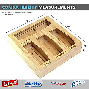 Ziploc Storage Bag Organizer, Bamboo Organizer, Food Storage Bag Organizer, Baggie Organizer Dispenser for Drawer, Kitchen Drawer Organizer. Compatible with Gallon, Quart, Snack and Sandwich Bags