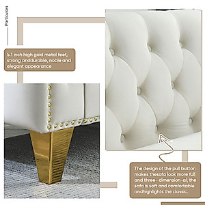 Antetek Comfy Upholstered Couches for Living Room, 80-inch Modern Button Tufted 3-Seater Sofa w/Square Arm, 4 Golden Metal Legs and Gold Nail Heads for Living Room, Office, Apartment, Beige