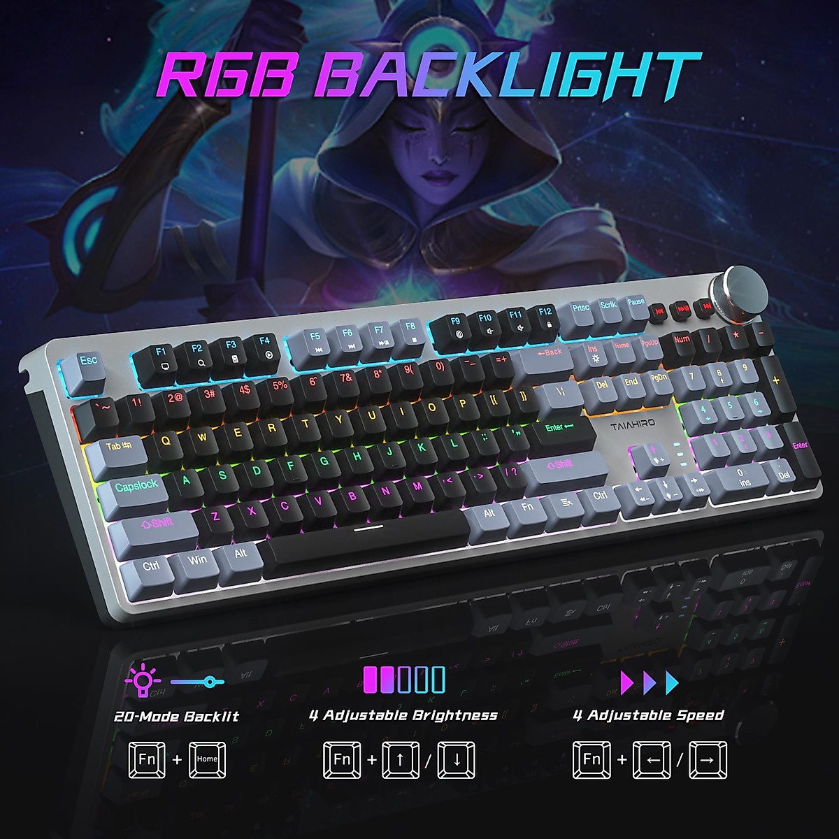 Mechanical Gaming Keyboard, RGB Backlit 104 Keys Full Size Keyboard with Multimedia Knob, Double Shot Keycaps, Full Anti-Ghosting, Blue Switch Wired Computer Keyboard for Windows PC Mac Xbox Gamer