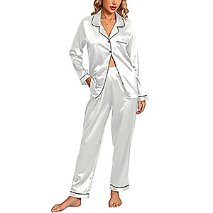 Anjue Women's Silk Satin Pjs Set Button Down Sleep Shirt Long Sleepwear White Pajama Set Bridal Pajamas(White,L)
