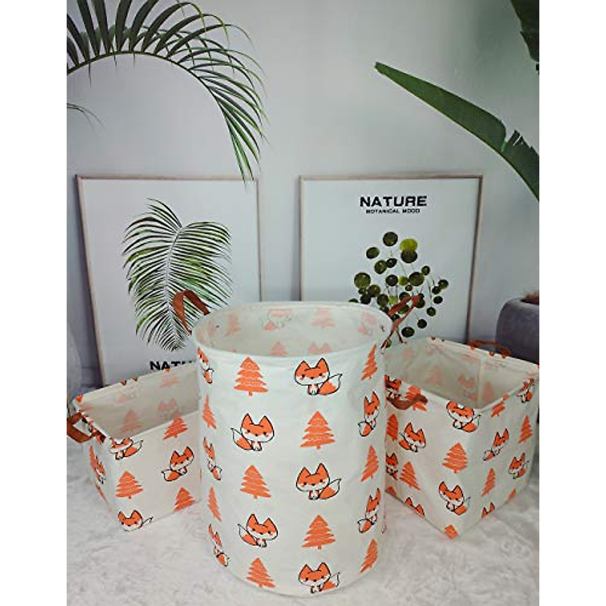 ASKETAM Canvas Fabric Collapsible Kids Baby Laundry Basket Children Nursery Bedroom Dirty Clothes Hamper Storage Bin Toy Organizer (Fox little pine)