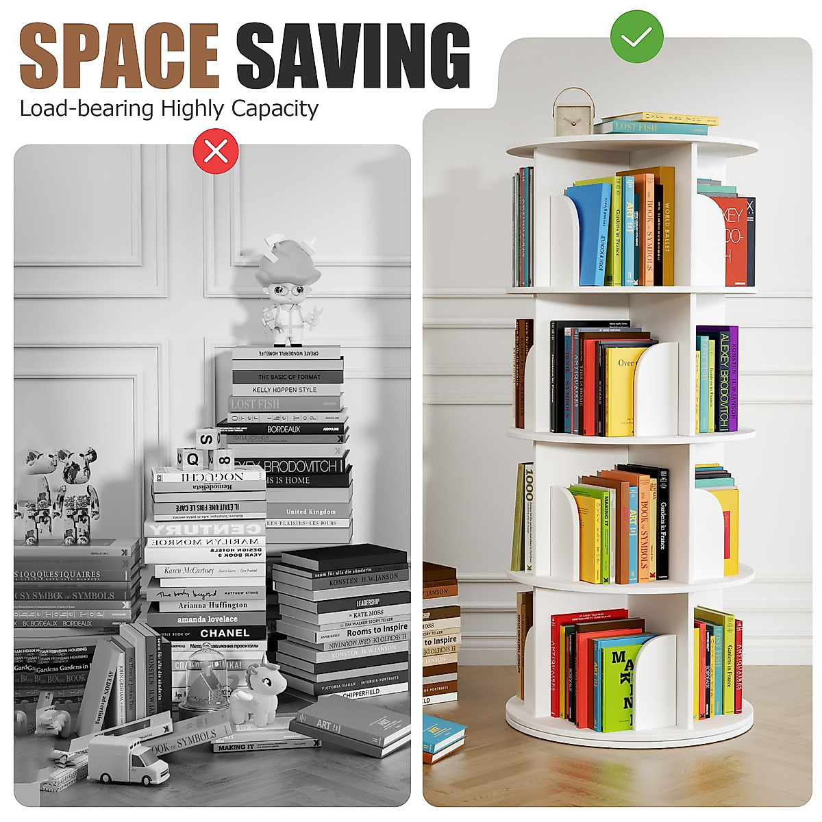 DAOTENGQL 4 Tier Rotating Bookshelf, 360 Spinning Corner Bookcase Tower, Floor Standing Book Shelf Organizer for Bedroom and Living Room, Round Bookshelf for Small Space, Easy to Assemble (White)