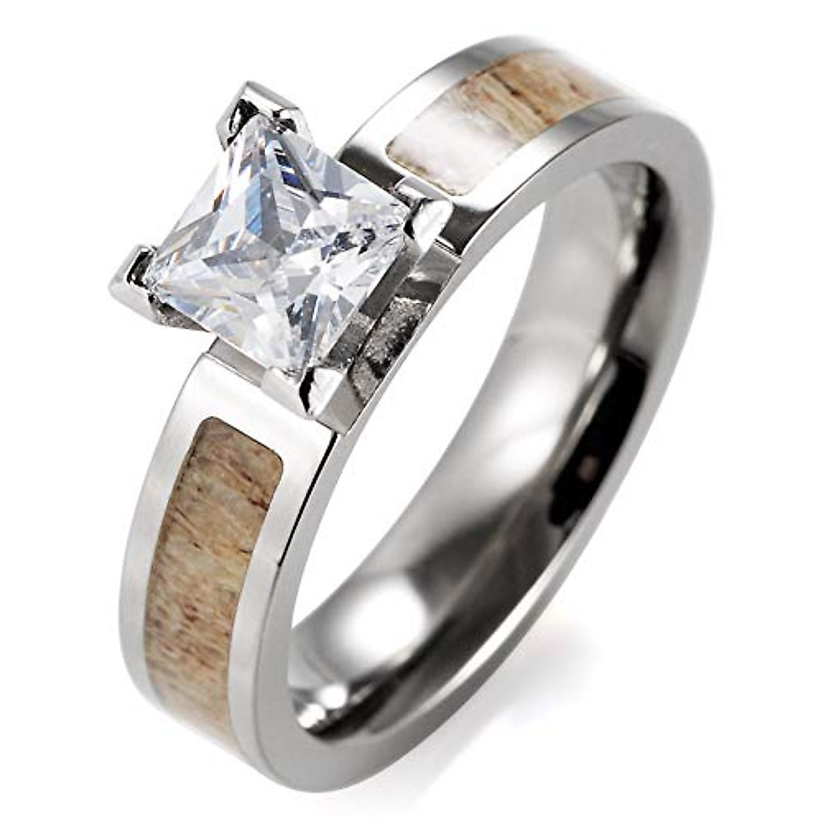 SHARDON Women's 5mm Titanium Cubic Zirconia Engagement Ring with Genuine Antler Inlaid Size 7