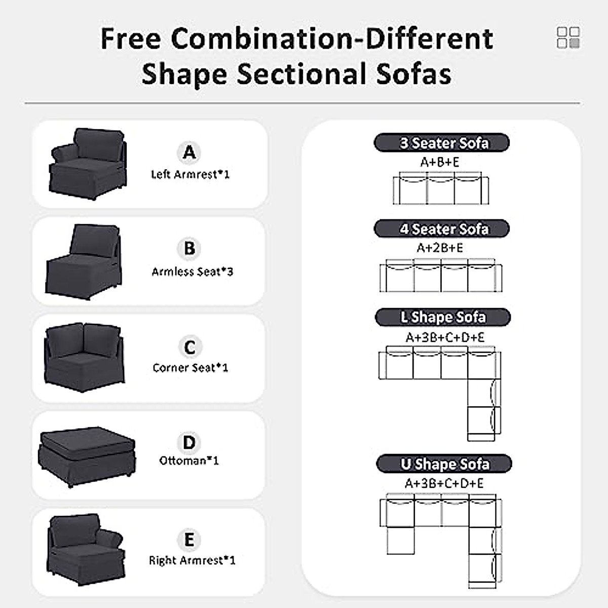 EMKK Sectional Couch L Shaped Sofa 6 Seat Sofa with Chaise，Removable Ottoman,Upholstered Modular Convertible Reversible Sofá,Living Room Furniture Sets for Large Space,Apartments