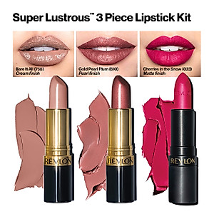 Revlon Super Lustrous 3-Piece Lipstick Gift Set, High Impact, Multi-Finish in Cream, Pearl & Matte, 755 Bare It All (Cream), 610 Gold Pearl Plum (Pearl), 023 Cherries in the Snow (Matte) (Pack of 3)