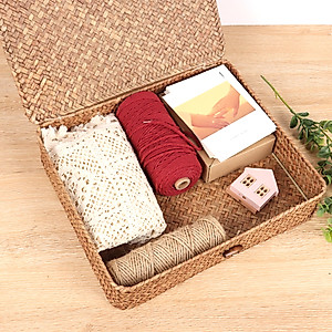 Moosky Flat Wicker Shelf Baskets with Lid, Handwoven Seagrass Basket Boxes for Storage Baskets Bins Home Decor Organizer (Coffee Large)