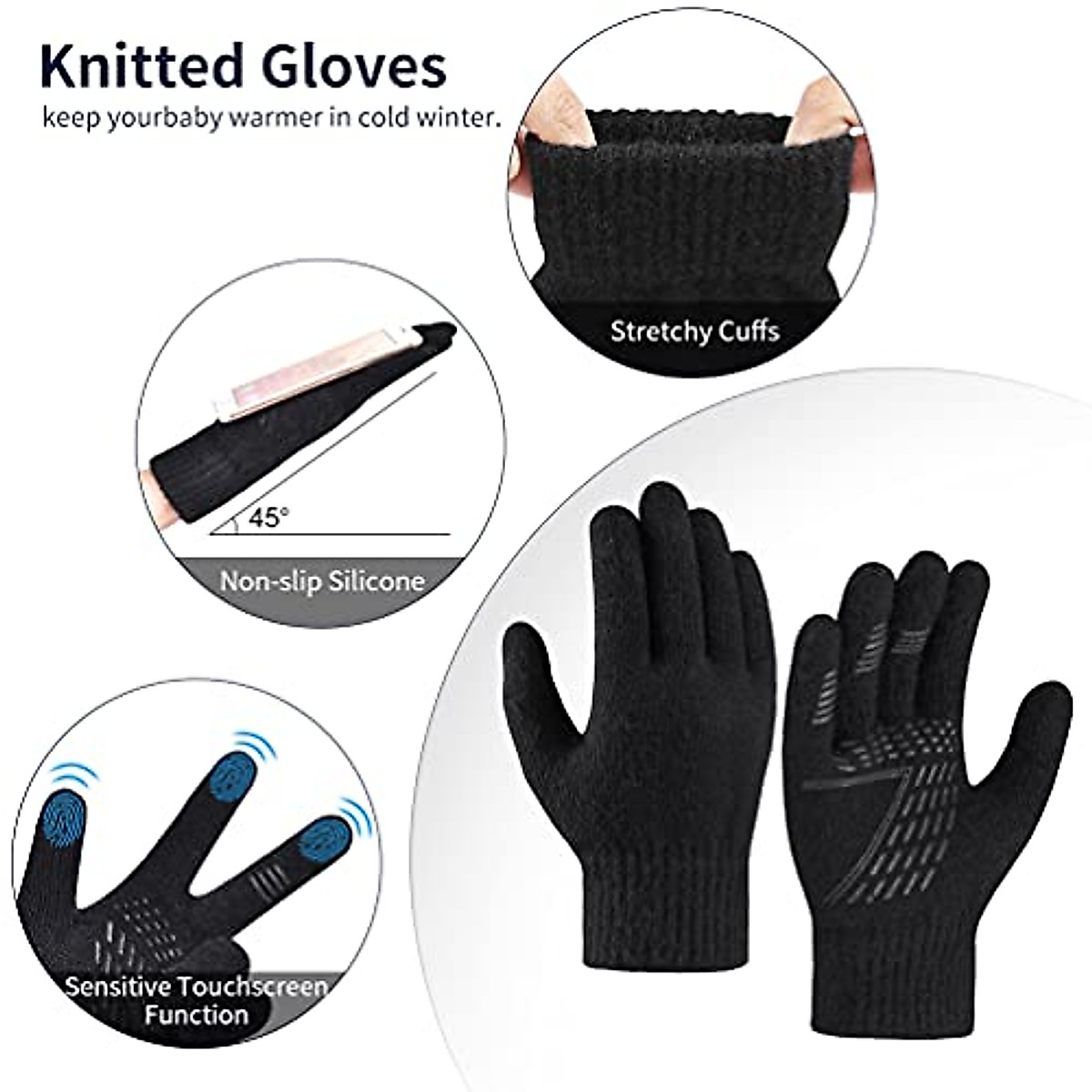 Kid Hat Scarf Gloves Set - Winter Knit Beanie Cap Neck Warmer Touch Screen Mitten Boy Girl 5-10 Year