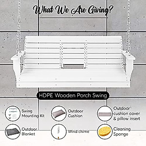 BENAIYA POLYWOOD Porch Swing Outdoor Hanging Chair with Cup Holders Swinging Bench for Patios, Backyard HDPE Wooden Seating, Sturdy Steel Chains