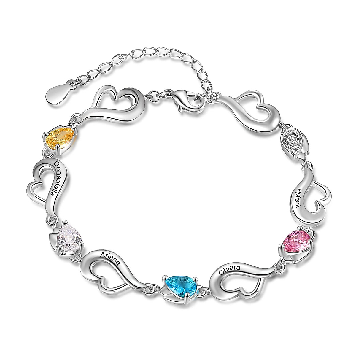 Jeweidea Personalized Infinity Love Heart Link Bracelet with Pear Simulated Birthstone Custom Engraved Name Silver Bracelet for Women Girls (4 Stones + 4 Names)