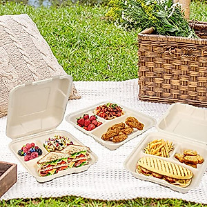 Kaderron 50 Pack 8 Inch To Go Containers Clamshell Food Containers 34 OZ, 3 Compartment Take Out Boxs Microwave Safe for Food Servicing