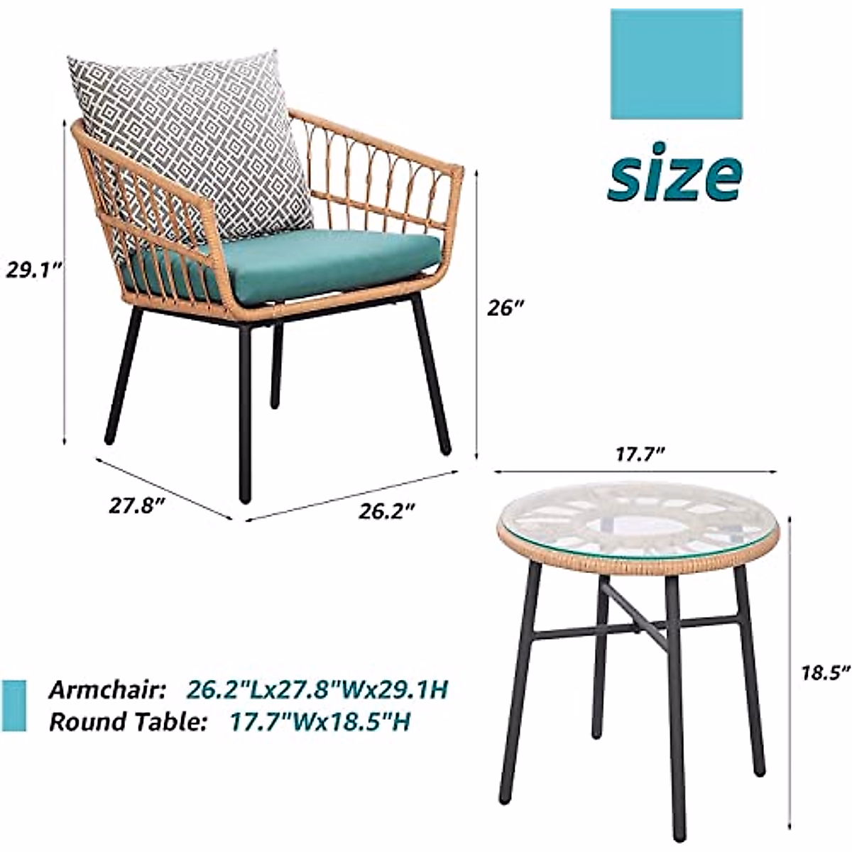 Fangflower Weather Patio Bistro Set, Outdoor Furniture Tempered Coffee Table, and Wicker Chairs for Garden, Balcony, Yard Poolside, White