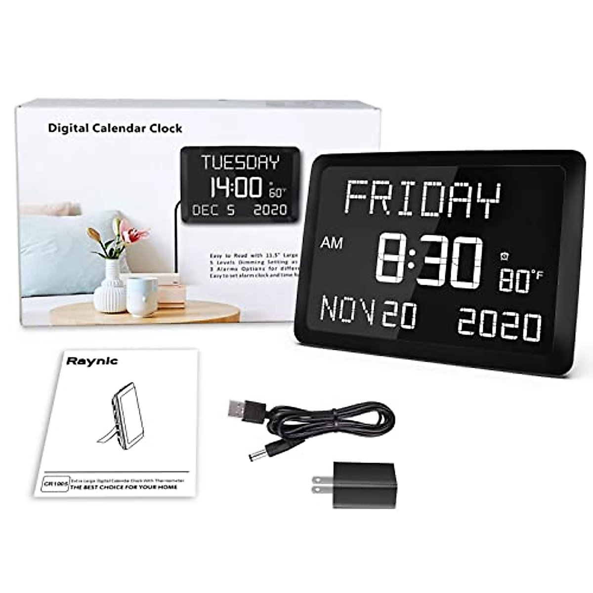 Raynic Digital Clock, 11.5" Large LED Word Display Dimmable Digital Wall Clock,Adjustable Brightness Digital Alarm Clock with Day and Date,Indoor Temperature,Snooze,12/24H,DST for Home, Office,Elderly