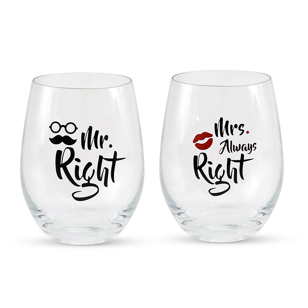 Vino O'clock Mr Right and Mrs Always Right Wine Glasses Gift Set For Bridal Shower, Married Couples, Weddings, Engagements, Newlyweds, Anniversary / 16oz