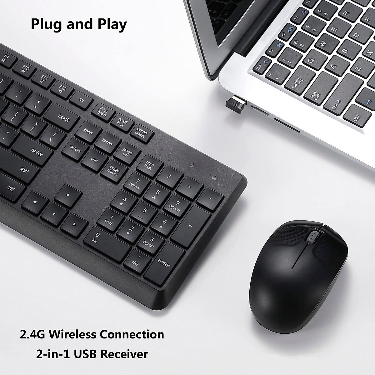 2.4 GHz Wireless Keyboard and Mouse Combo, Full-Sized USB Cordless Mouse Keyboard Set Silent for PC Laptop Computer Desktop Windows Mac Chromebook, Numeric Keypad & Compact Optical Mouse (Grey)