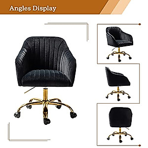HULALA HOME Velvet Home Office Desk Chair, Modern Cute Computer Task Chair, Wheels Swivel Height Adjustable Upholstered Vanity Chair for Women, Girls (Gold Base, Black)