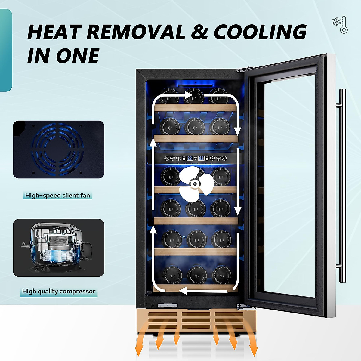 EUHOMY 15 Inch Wine Fridge, Dual Zone Wine Chiller with Digital Temperature Control, Wine Cooler Upgraded Compressor Fits Low Noise, Wine Storage with Double-Layer Glass Door, 33 Bottles.