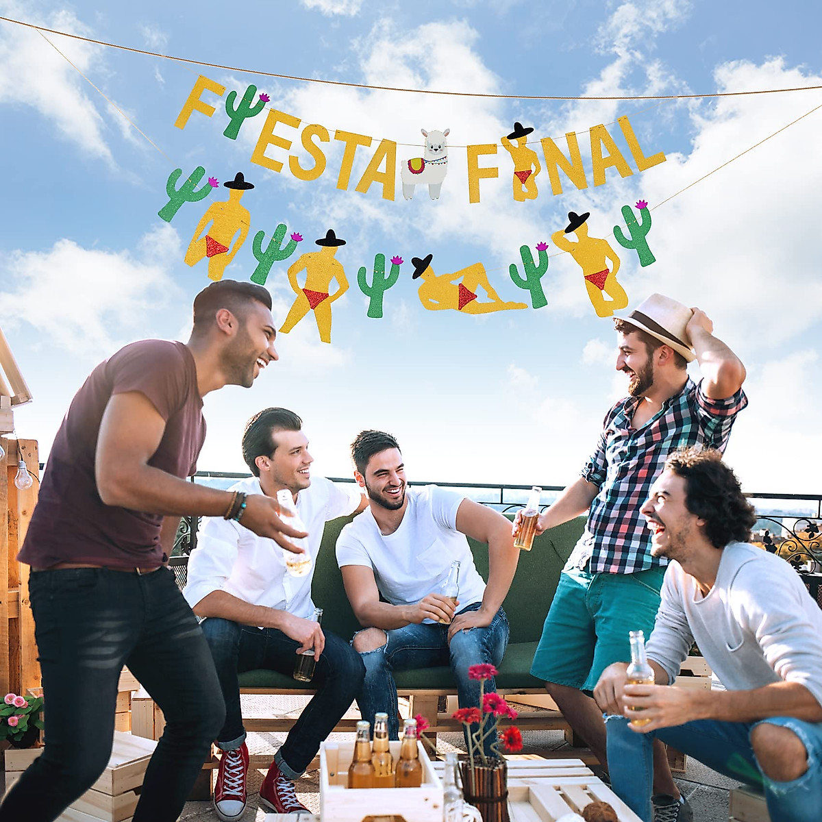 Ecore Fun Banner Mexican Fiesta Theme Party Decor Bachelorette Party Decor Supplies, include Bachelorette Party Fiesta Banner, Glittery Cactus Men Pattern Garland, Fiesta Paper Fans for Party Supplies