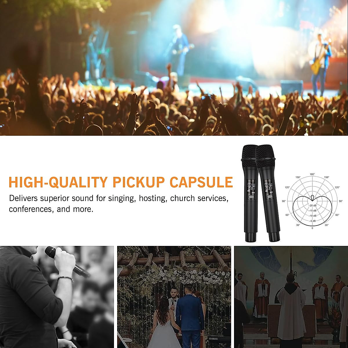 Hiberr Vocal Wireless Microphone, Dual Channel UHF Wireless Mic 2x60 Adjustable Frequencies, Microphone Wireless Distance 300Ft Range, for Singing, Small Concerts, DJ Performances(YU-E20) (YU-E20H)