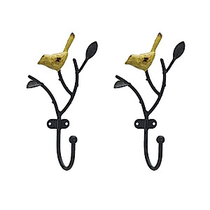 SOFFEE DESIGN 2pcs Vintage Coat Hooks Wall-Mounted Hanging Metal Rack, Heavy Duty Tree Branch with Birds Key Holder, Farmhouse Garden Style Hooks for Towels, Hats, Scarves Yellow