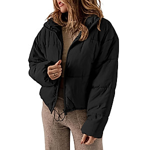 Dokotoo Puffer Jacket Womens Winter Casual Quilted Jackets Fashion Fall Full Zip Up Long Sleeve Drop Shoulder Oversized Stand Collar Padded Coats Baggy Warm Outerwear with Pockets Black X-Large