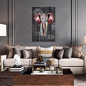 SkenoArt Animal Wall Art on Canvas Boho Bedroom Decor Elephant with Flower Pictures Bohemian Bathroom Wall Decor Mandala Wildlife Paintings Living Room Artwork Home Decorations 24"x36"