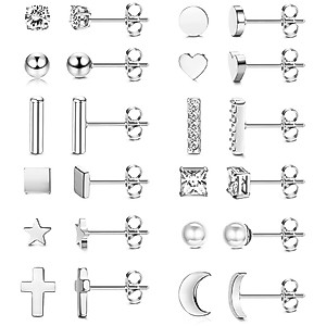 LOYALLOOK 12Pairs Stainless Steel Stud Earrings for Women Men Heart Star Moon CZ Cute Tiny Cartilage Minimalist Geometric Stud Earrings Hypoallergenic Stud Earrings Set for Multiple Piercing