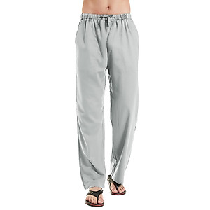 YuKaiChen Men's Linen Pants Yoga Sweatpants Beach Trousers Soft Casual Pants Light Grey Large